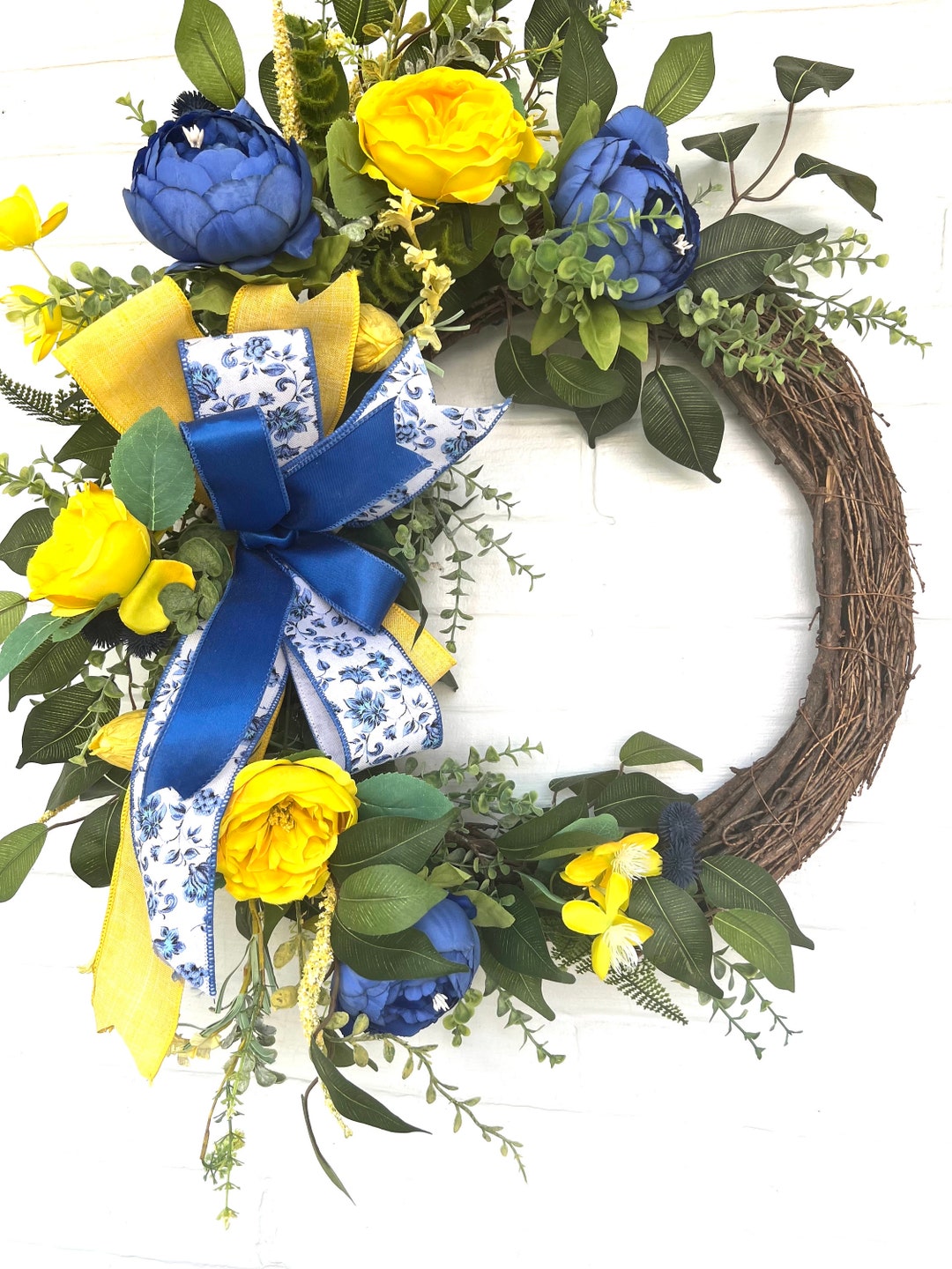 Blue and Yellow Wreath, Spring Wreath for Front Door, Front Door ...