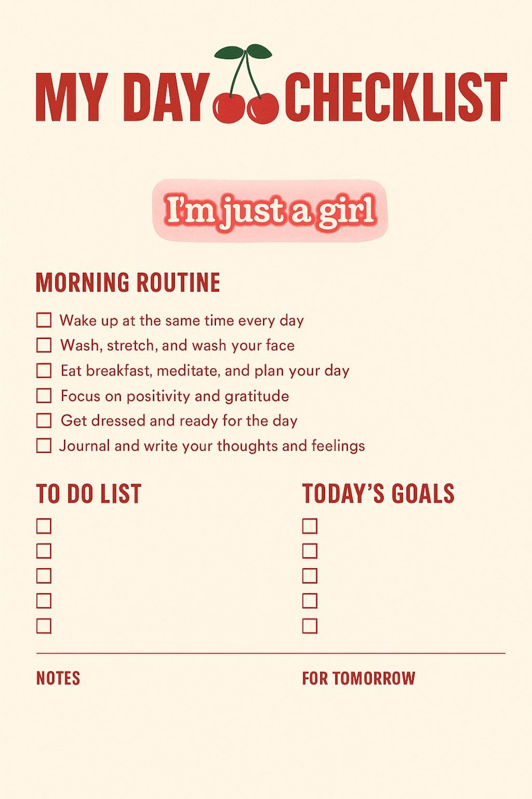 Printable Daily Checklist Bundle for Girls | Cherry Aesthetic To-do ...
