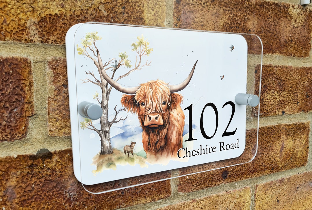 Highland Cow House Sign, Personalised Country House Sign, Highland Cow ...