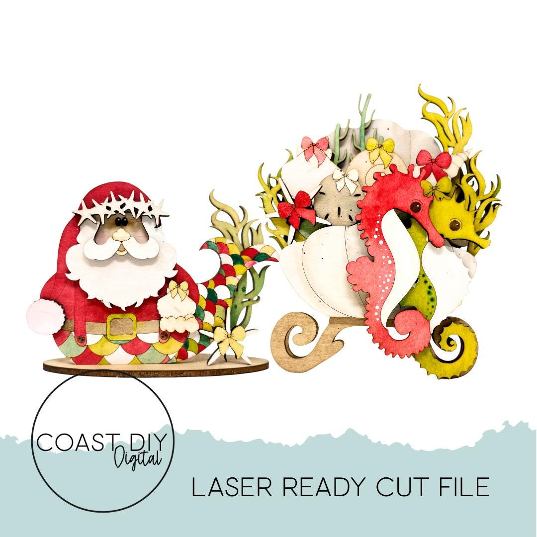 Merman Santa With Clamshell Sleigh and Seahorses | Glowforge Ready ...