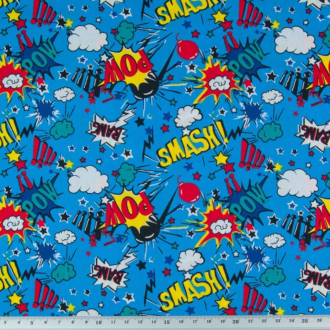 Turquoise Blue 100% Cotton Fabric Smash Pow Cartoon Superhero Printed ...
