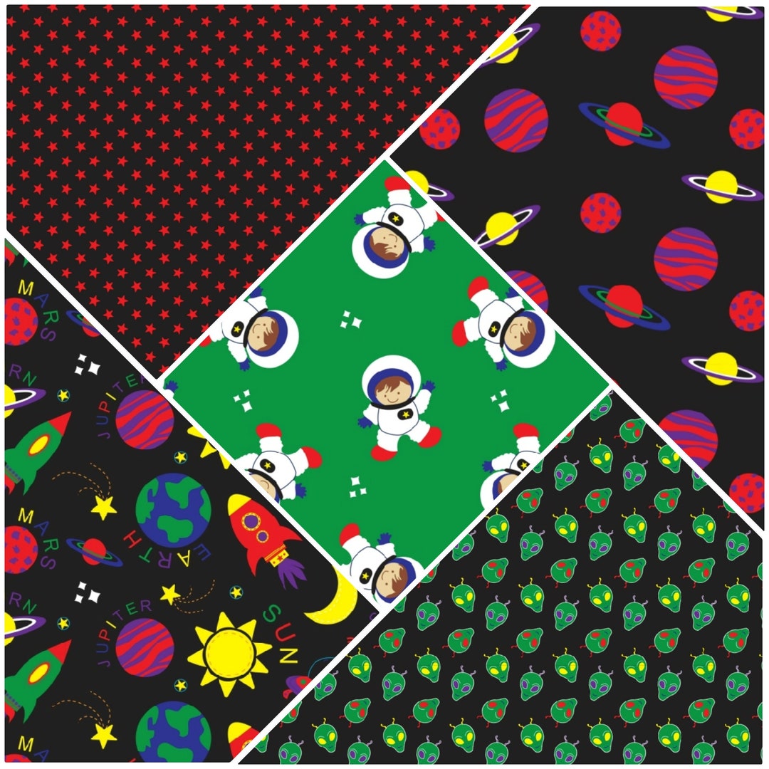 100% Egyptian Cotton Fabric Black Space Planets Astronauts Stars Aliens ...