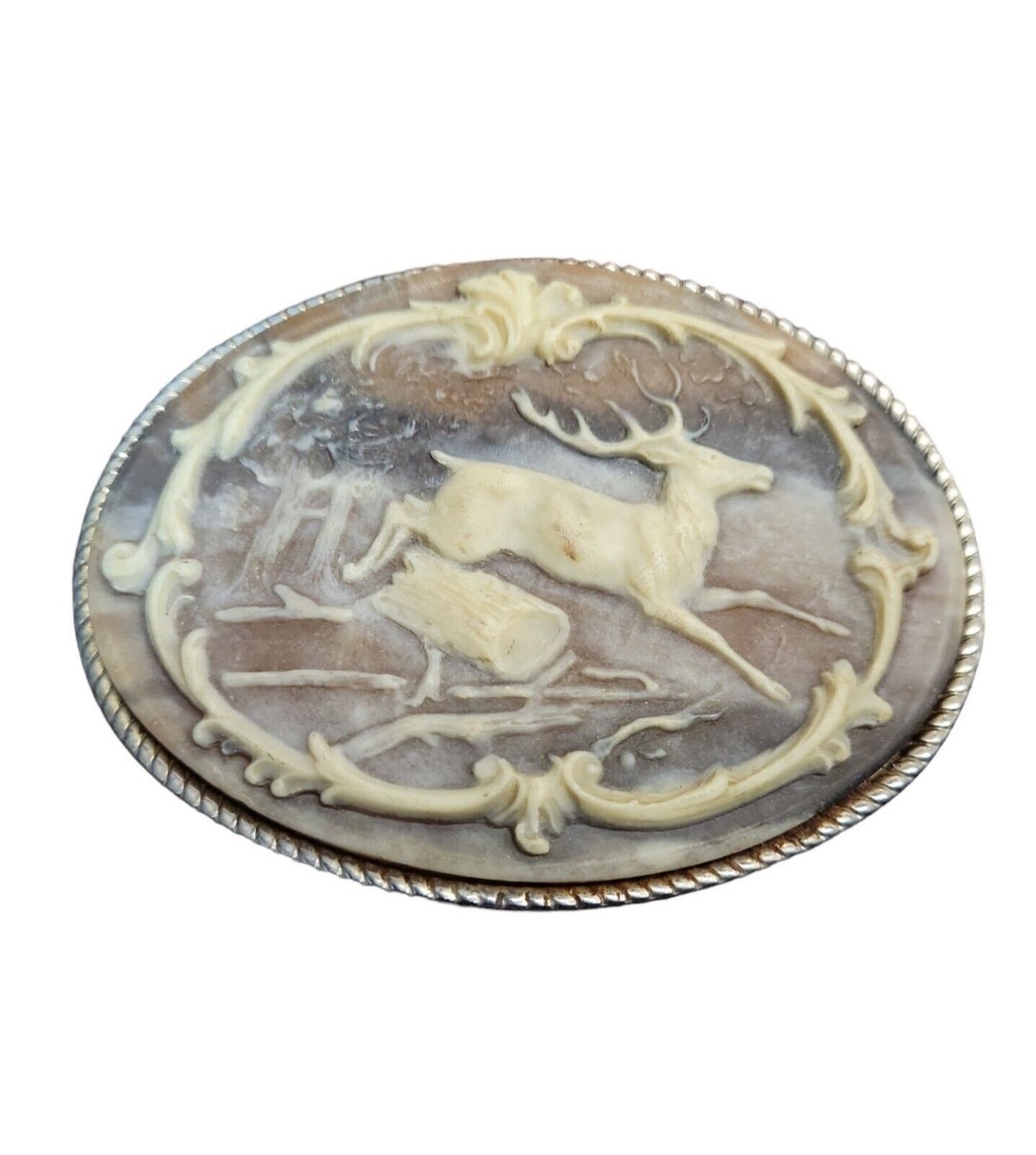 Vintage Genuine Carved Incolay Stone Deer in Forest Western Belt Buckle ...