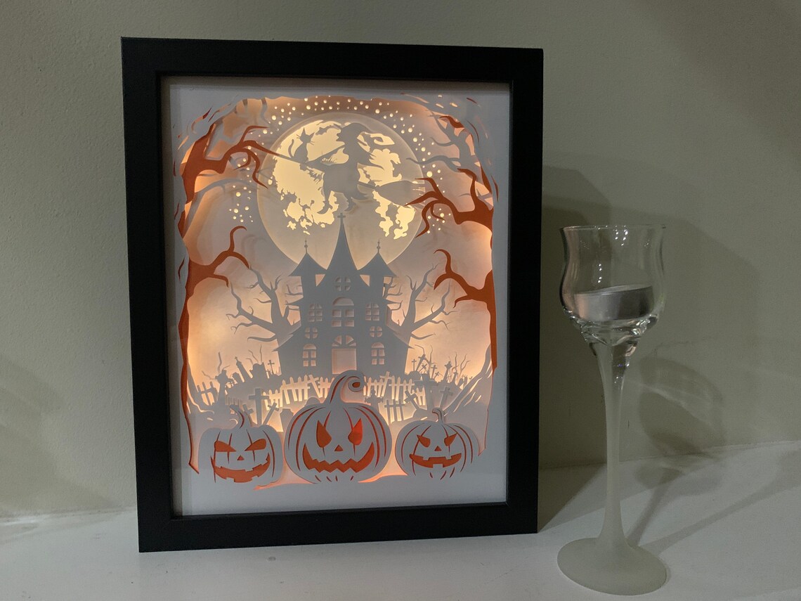 Halloween Shadow Box: Lighted Haunted House & Pumpkins Decor - Etsy