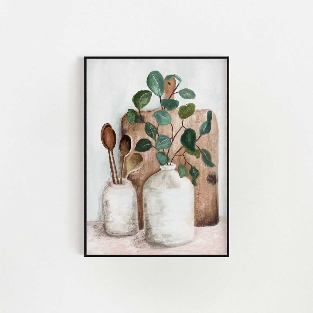 Poster for Kitchen of Hand Drawn Pots, Plats, Chopping Board and Wooden ...