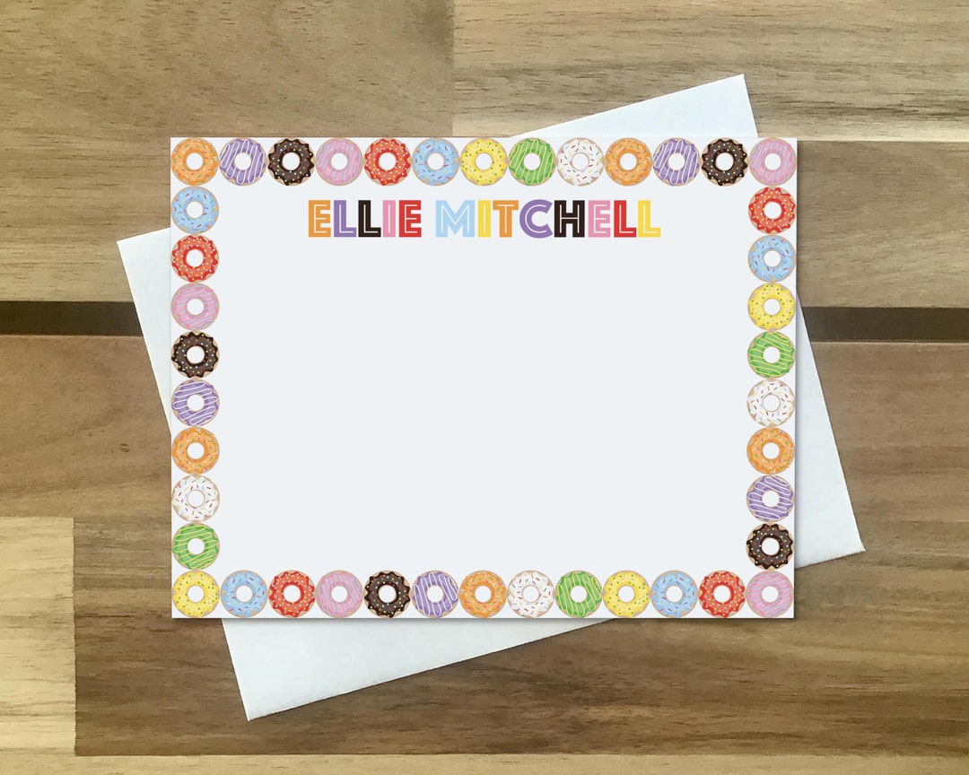 Personalized Donut Themed Stationery, Kids Note Cards, Colorful Rainbow ...