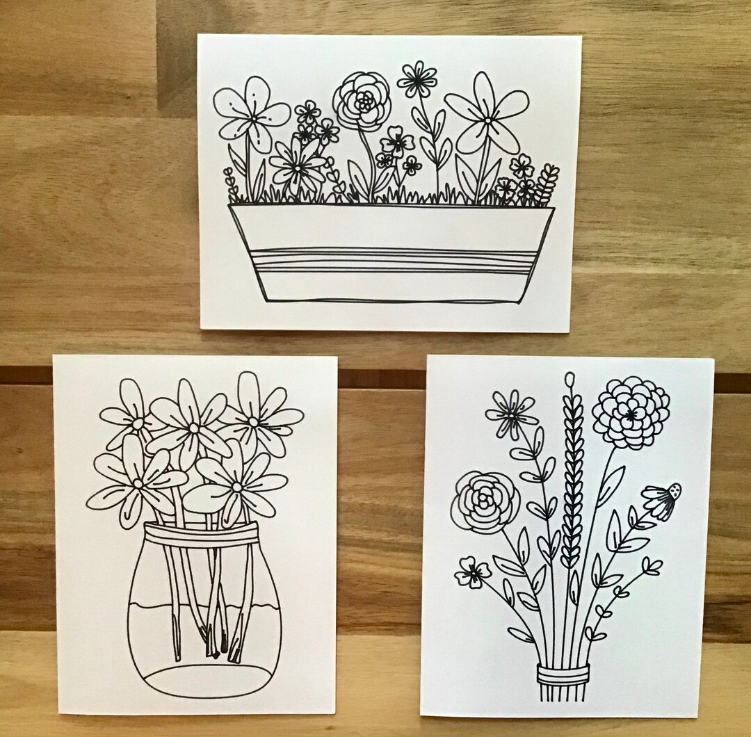 Floral Note Cards 10 Pack, Flower Coloring Cards, Floral Stationery ...