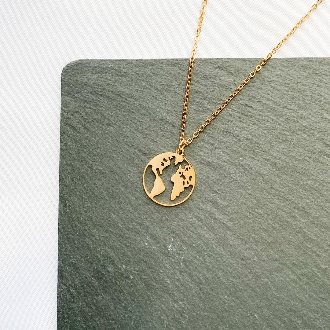 World Map Gold Necklace, Dainty Earth Pendant Necklace, Minimalist ...