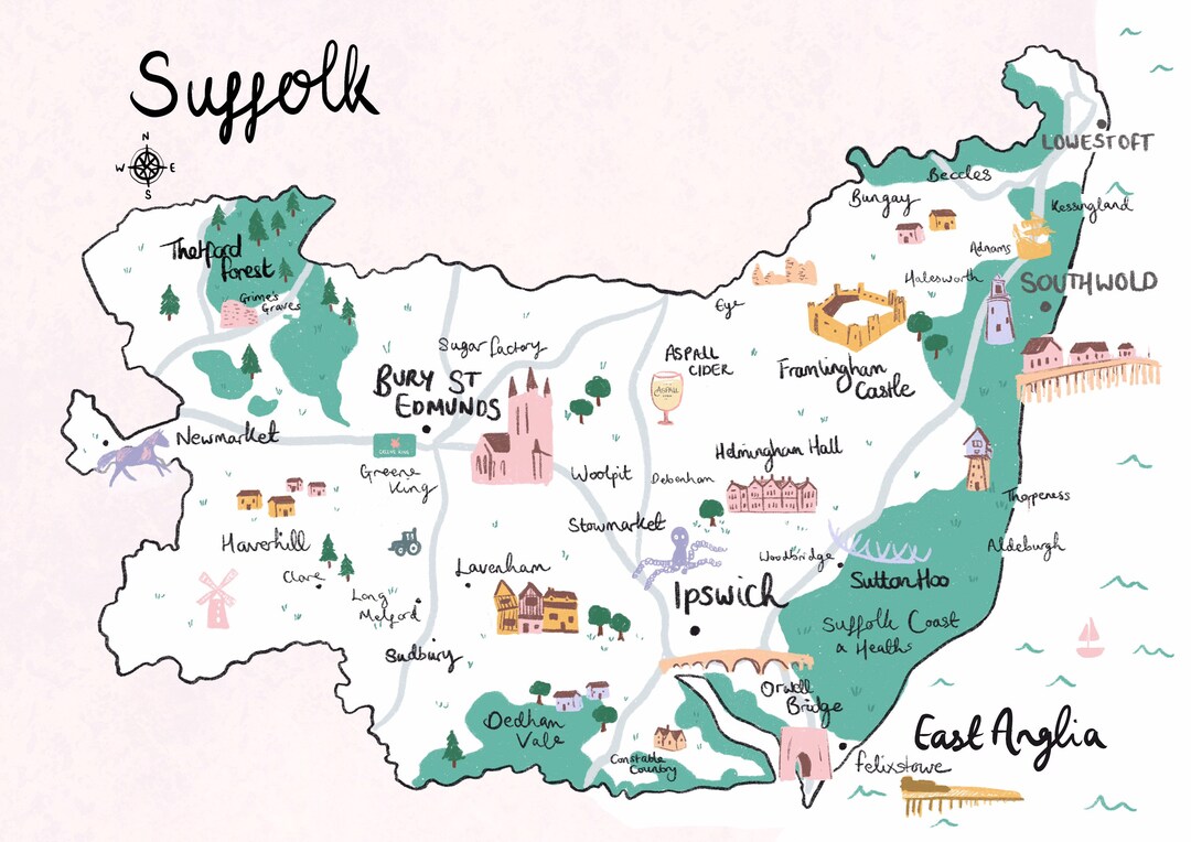 Suffolk Illustrated Map colourway 2 Ipswich, Lavenham, Framlingham ...