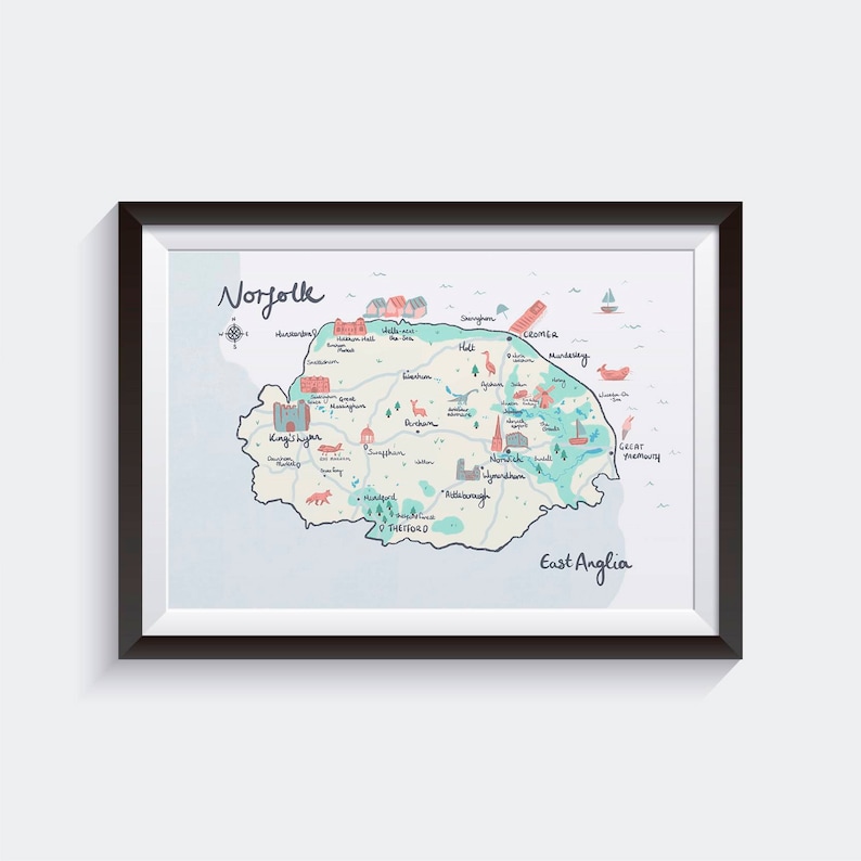 County of Norfolk Illustrated Map, Norwich, Thetford, North Norfolk ...