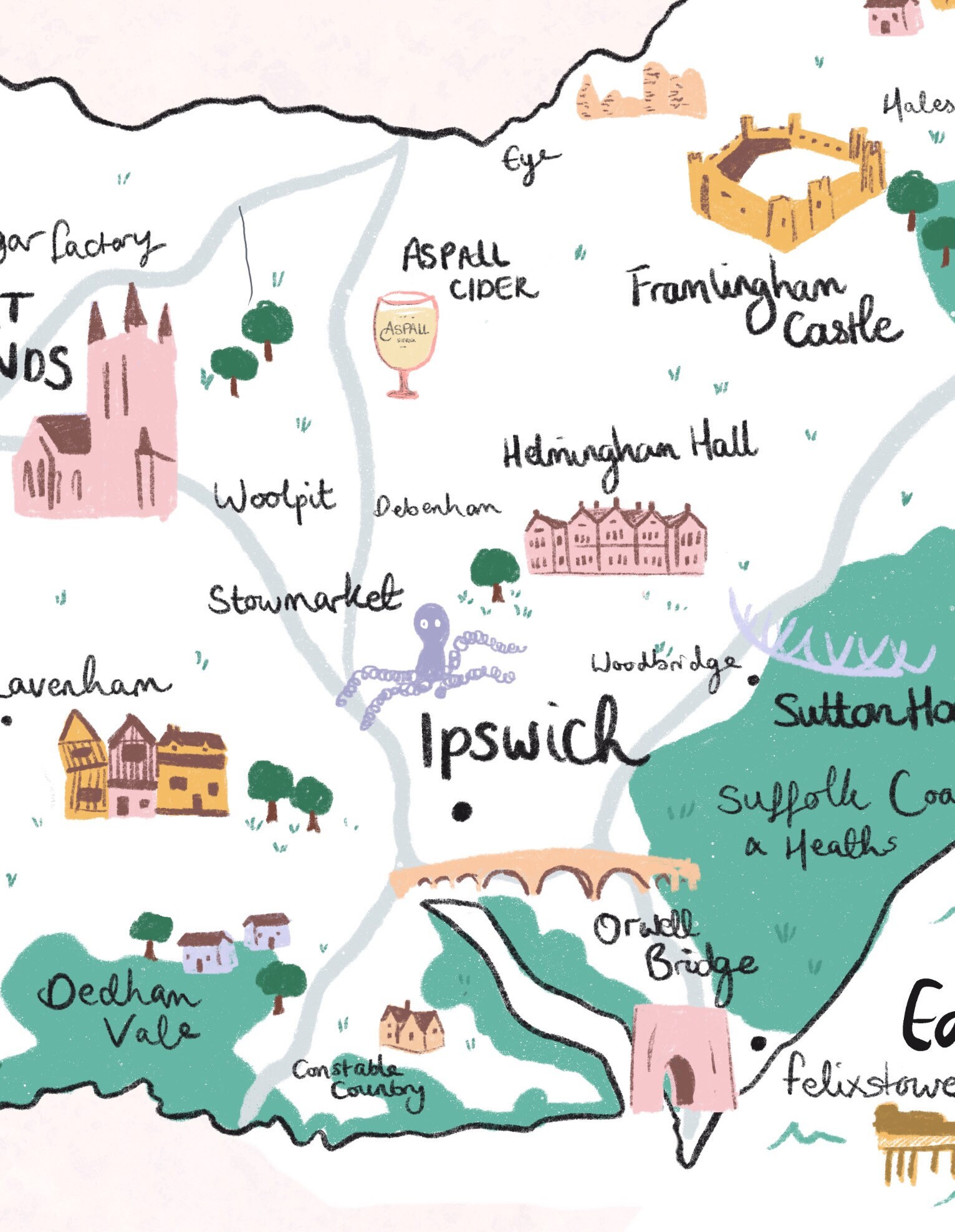 Suffolk Illustrated Map colourway 2 Ipswich, Lavenham, Framlingham ...