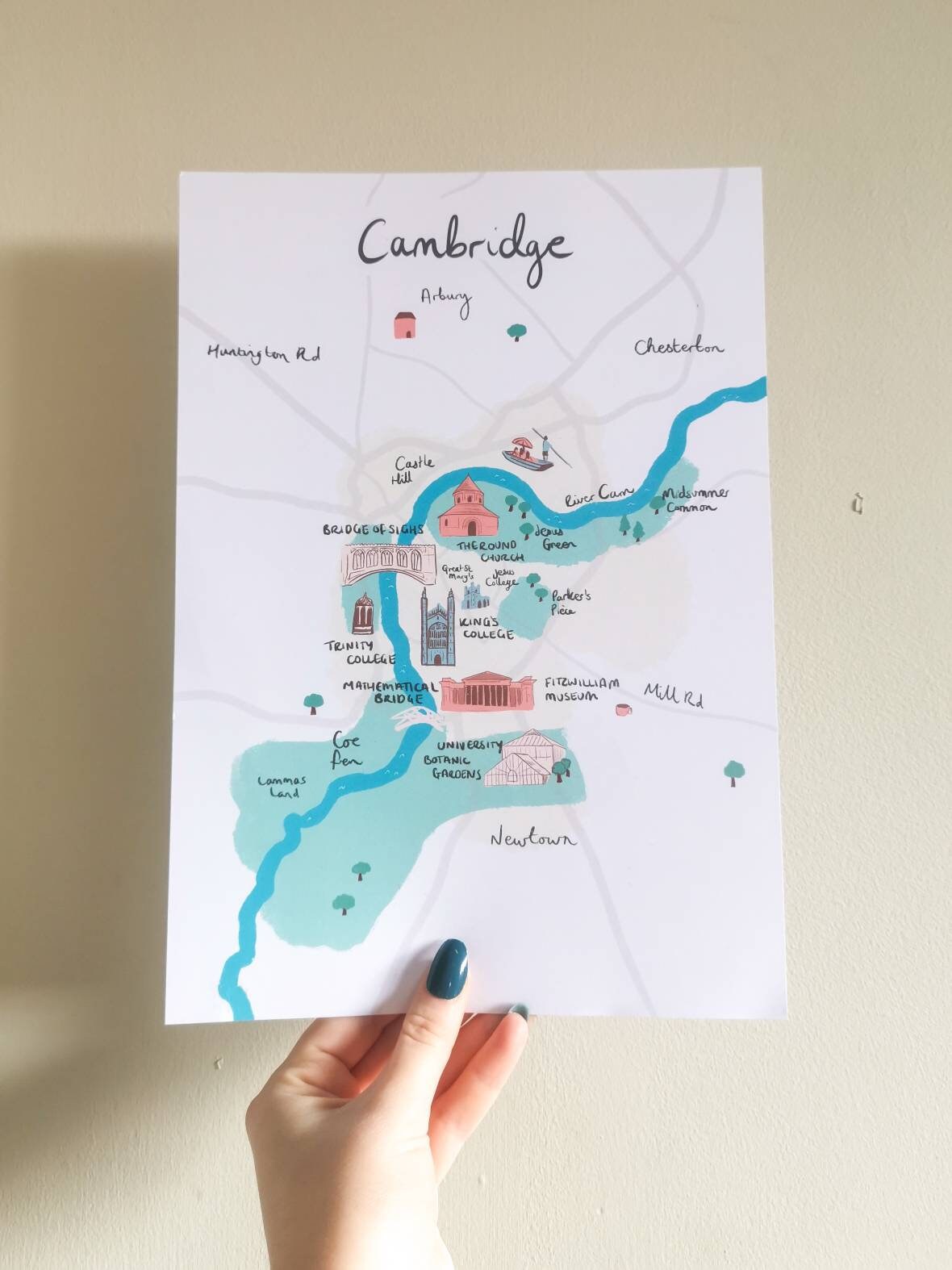 Cambridge Illustrated Map, Kings College, River Cam - Etsy UK