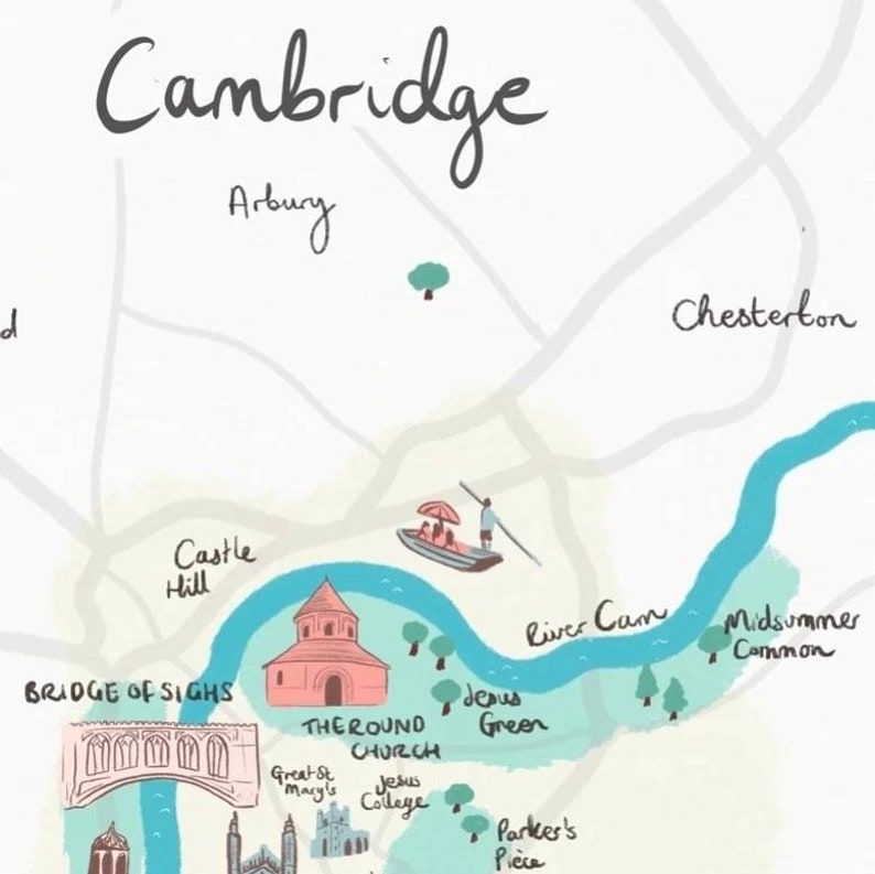 Cambridge Illustrated Map, Kings College, River Cam - Etsy UK