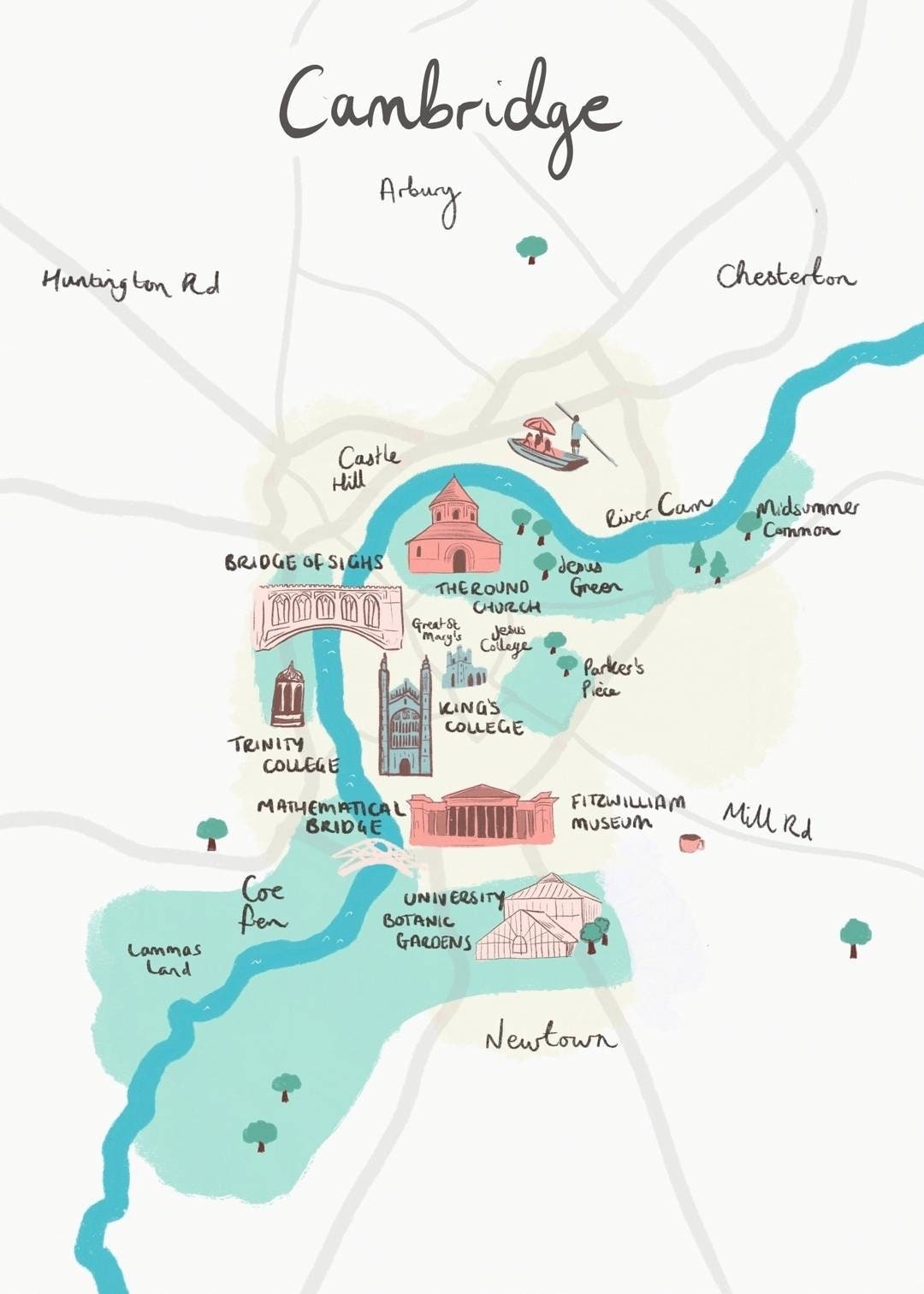 Cambridge Illustrated Map, Kings College, River Cam - Etsy UK