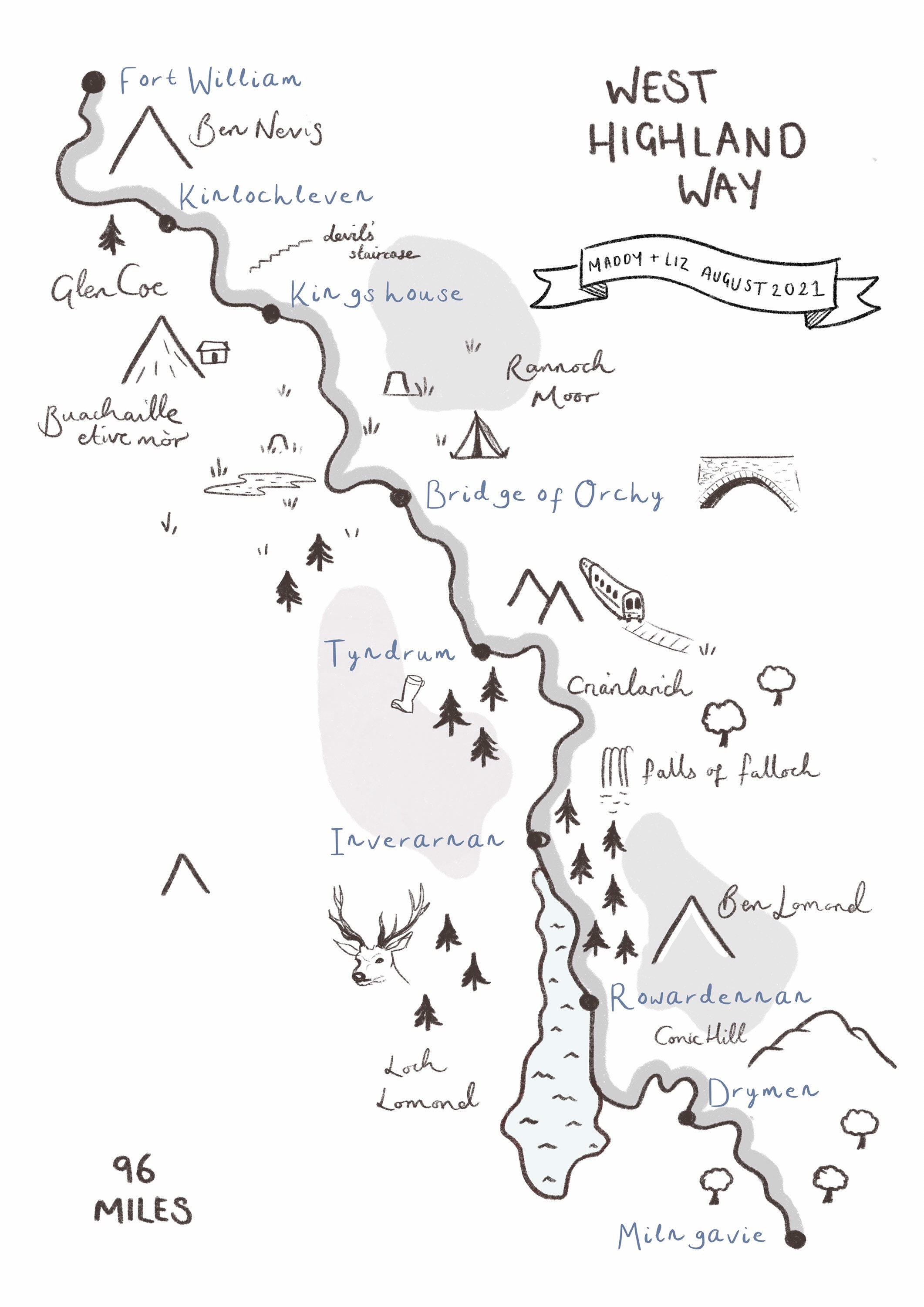 West Highland Way Map Illustration, Customisable, Personalised WHW ...