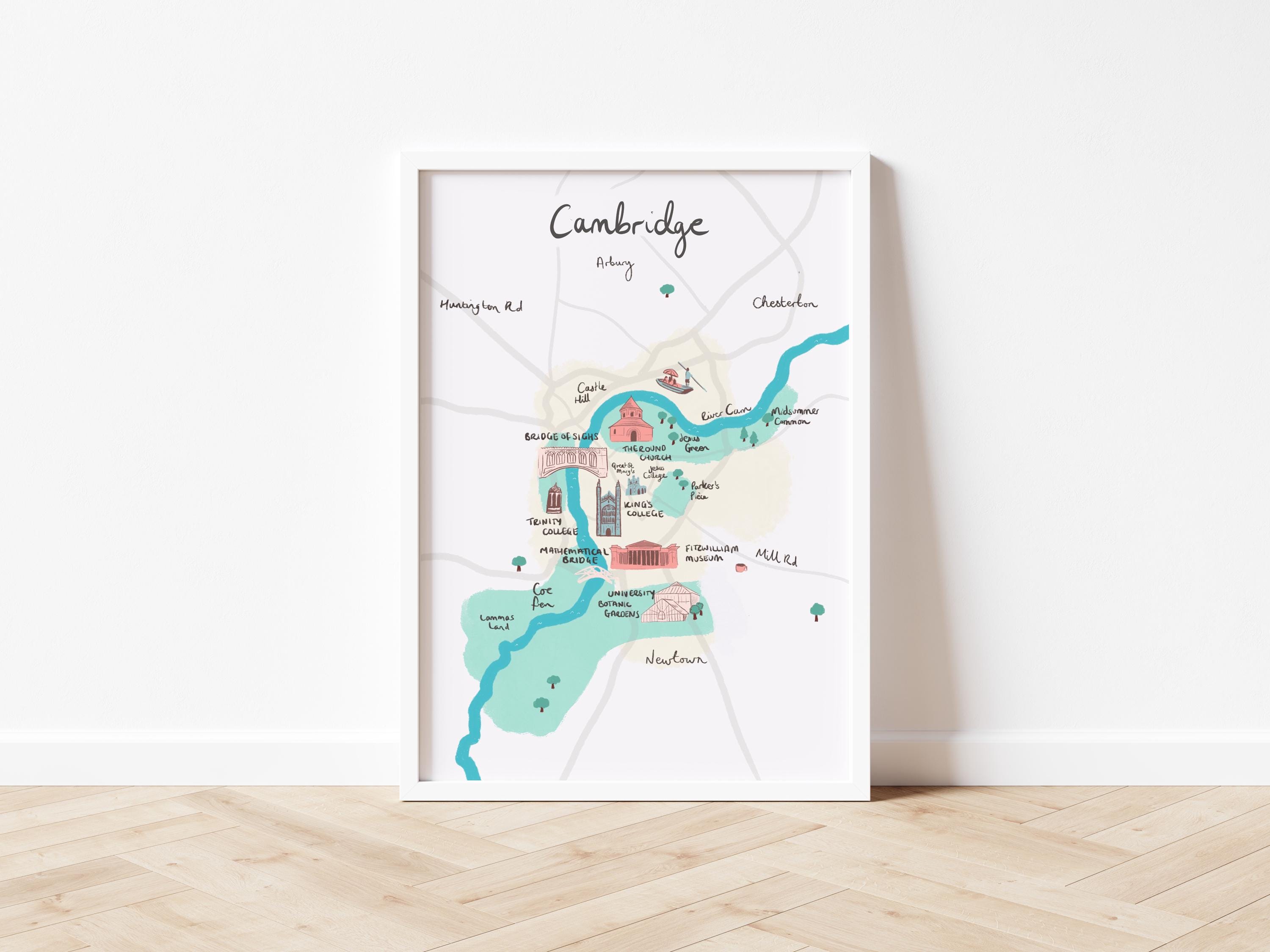 Cambridge Illustrated Map, Kings College, River Cam - Etsy UK