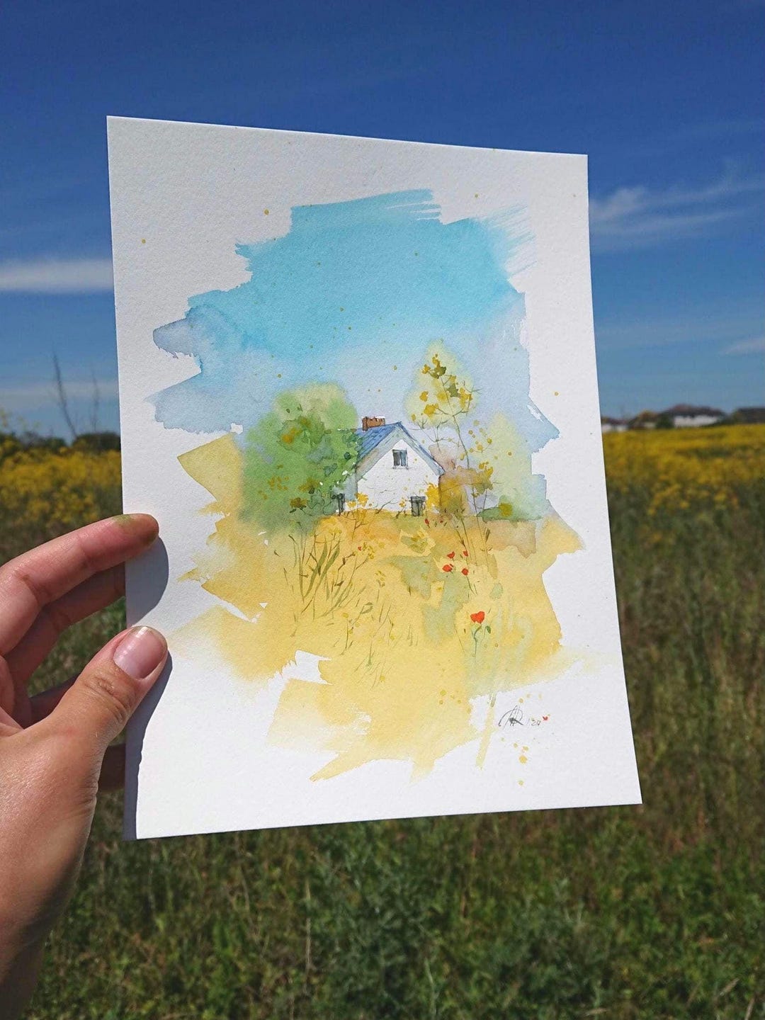 Yellow Field Original Watercolor Art House Sketch Pleinair Paining Wall ...