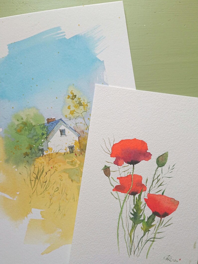Yellow Field Original Watercolor Art House Sketch Pleinair Paining Wall ...