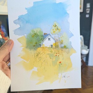 Yellow Field Original Watercolor Art House Sketch Pleinair Paining Wall ...