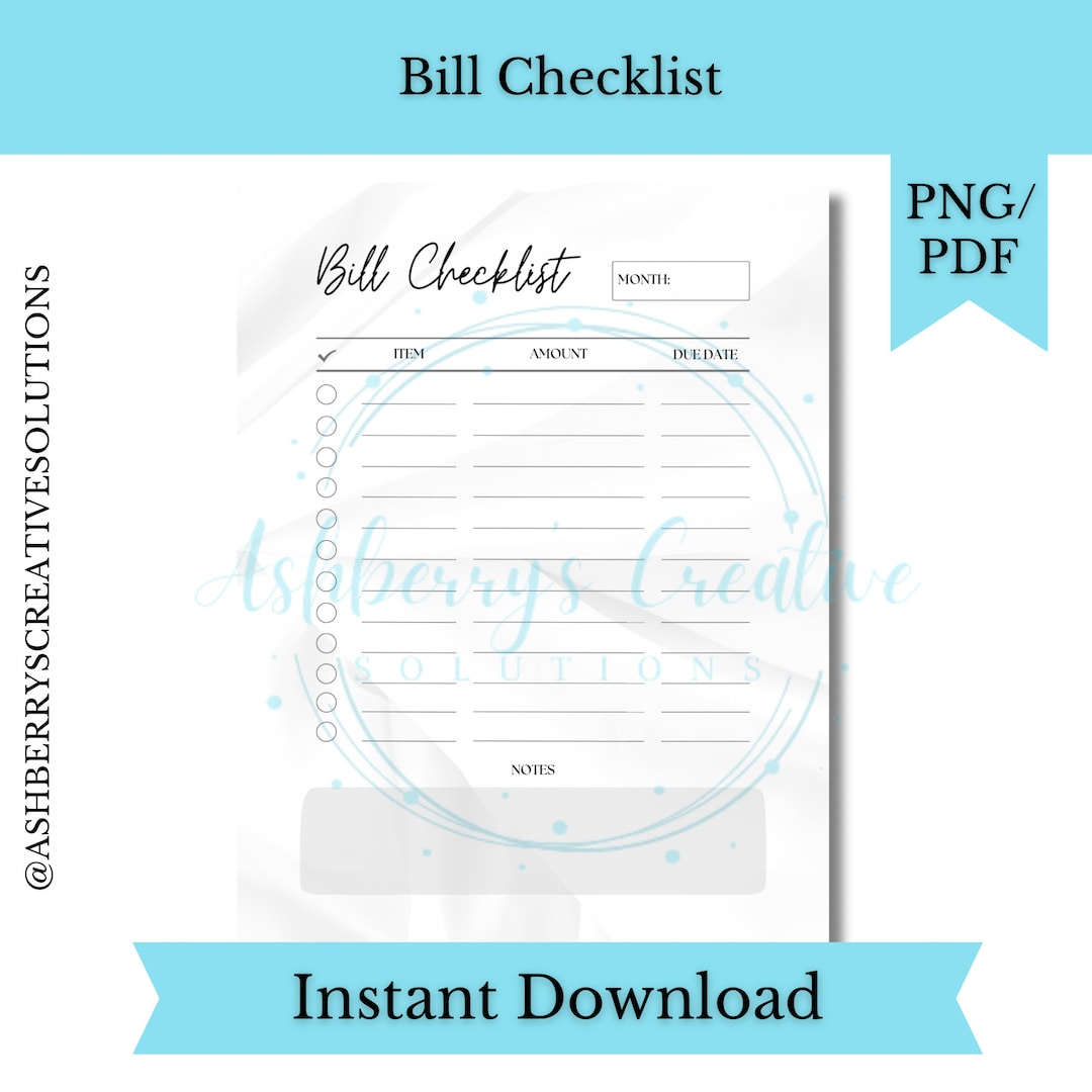 Printable Bill Checklist | Monthly Bill Checklist | Monthly Bill ...