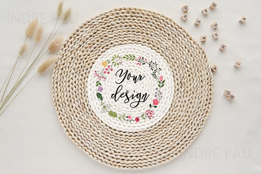 Bohemian Background Mockup With Wicker Table Mat, Styled Stock Photo ...