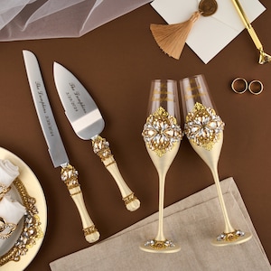 Wedding Gift for Bride, Ivory Wedding Glasses and Cake Cutting Set ...