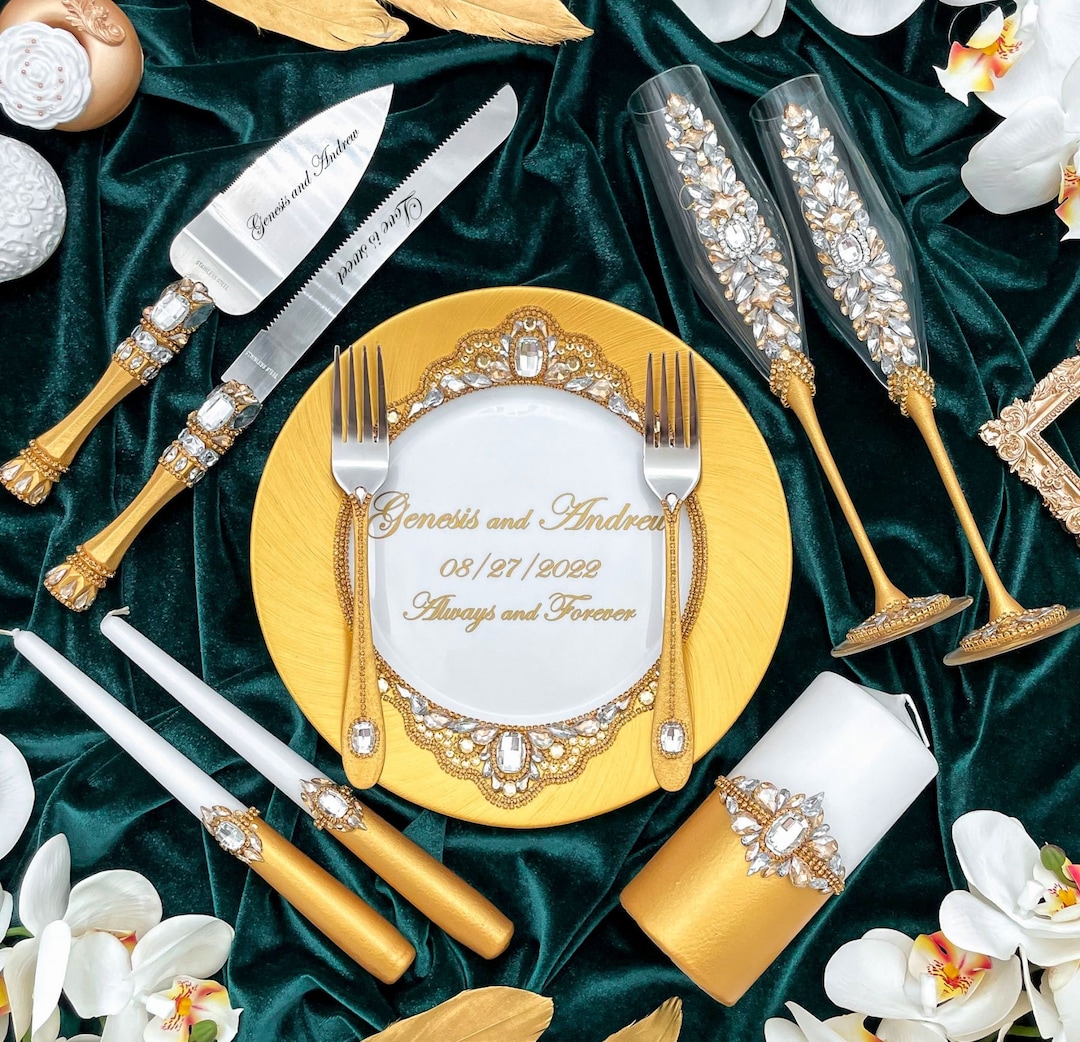 Gold Wedding Flutes and Cake Serving Set, Cake Cutting Set Wedding ...