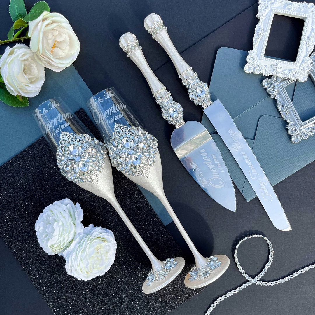 Engraved Wedding Champagne Glasses and Cake Knife Server Set, Cake ...