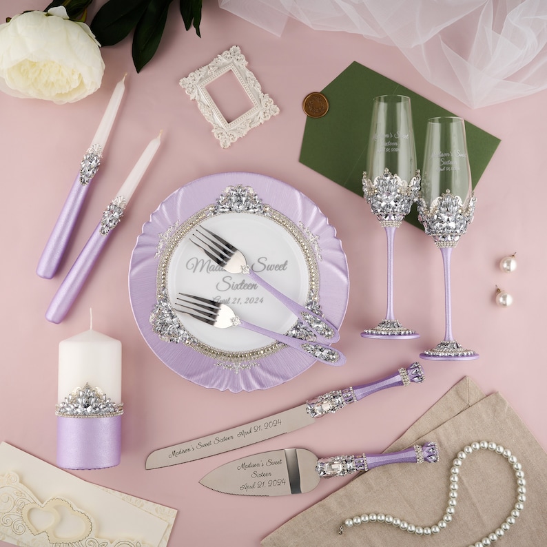 Purple Wedding Serving Set, Toasting Flutes and Cake Cutting Set ...