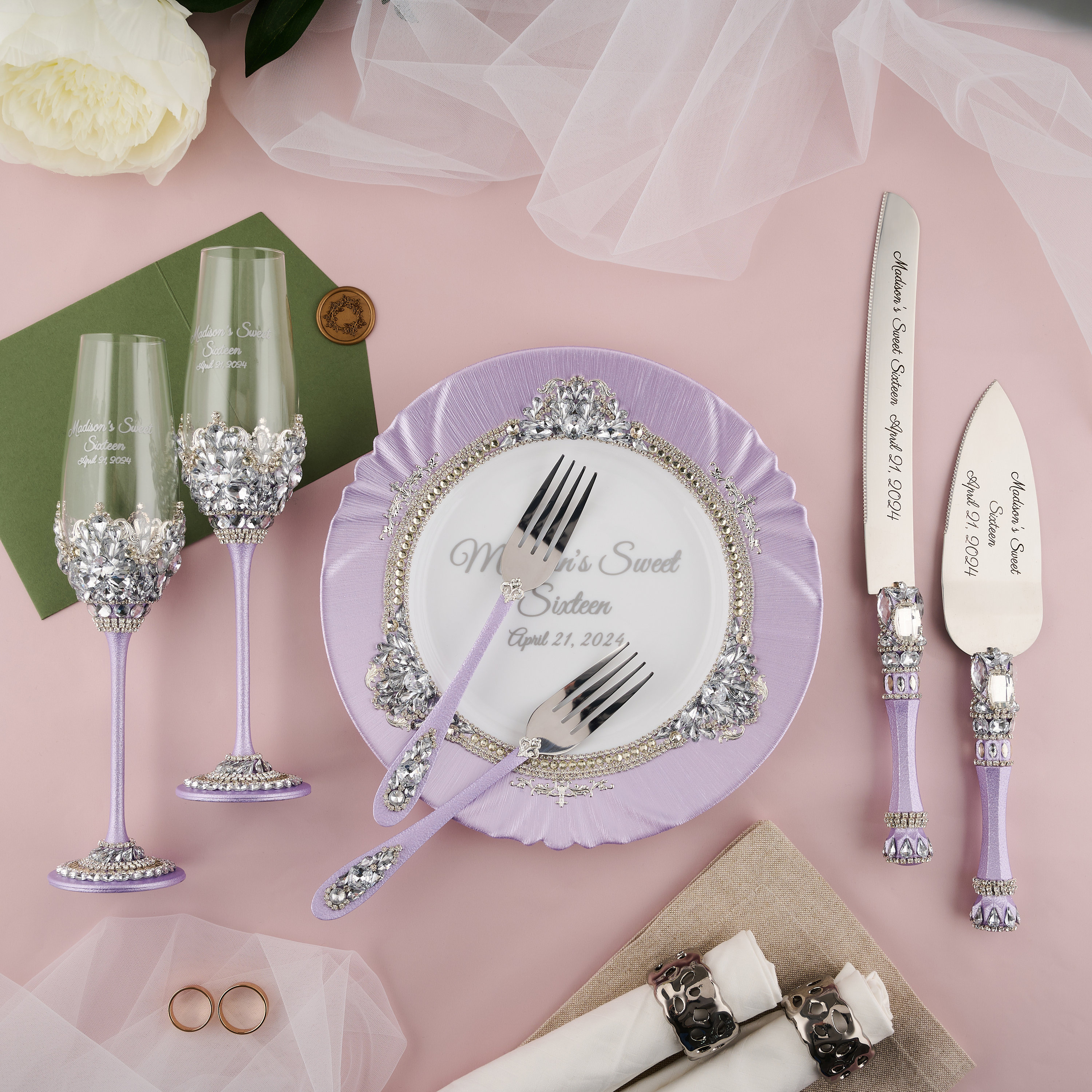 Purple Wedding Serving Set, Toasting Flutes and Cake Cutting Set ...