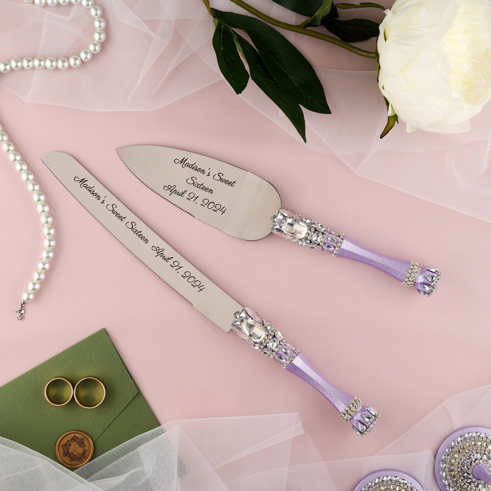Purple Wedding Serving Set, Toasting Flutes and Cake Cutting Set ...