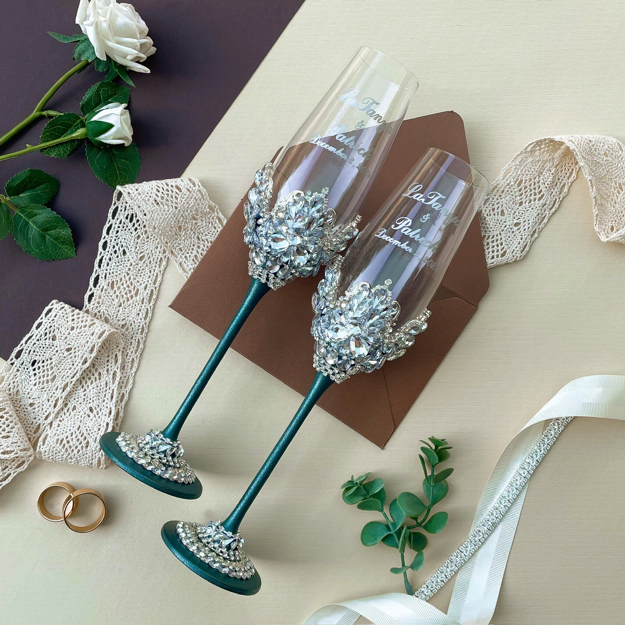 Silver Wedding Glasses for Bride and Groom, Personalised Wedding Flutes ...