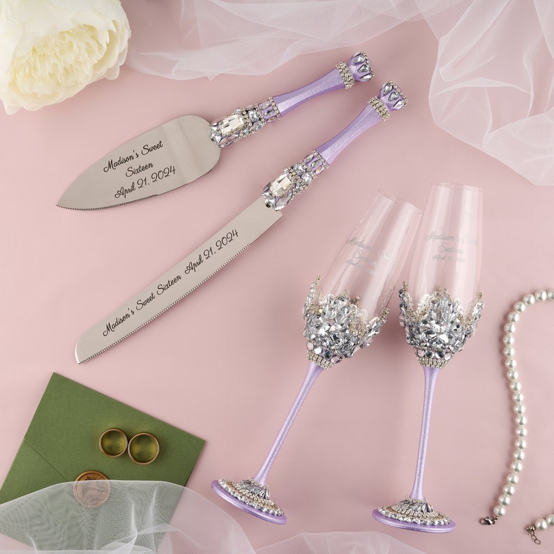 Purple Wedding Serving Set, Toasting Flutes and Cake Cutting Set ...