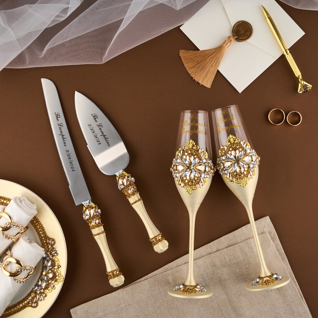 Ivory Wedding Glasses and Cake Cutting Set, Ivory Wedding Serving Set ...