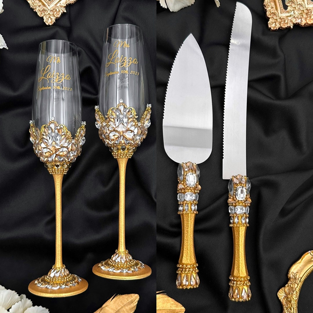 Wedding Cake Knife, Toasting Wedding Flutes, Gold Cake Cutting Set ...