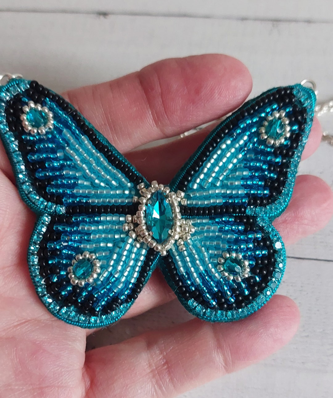 Pendant, Shades of Blue Butterfly (flutterby) Bead Embroidered Pendant ...