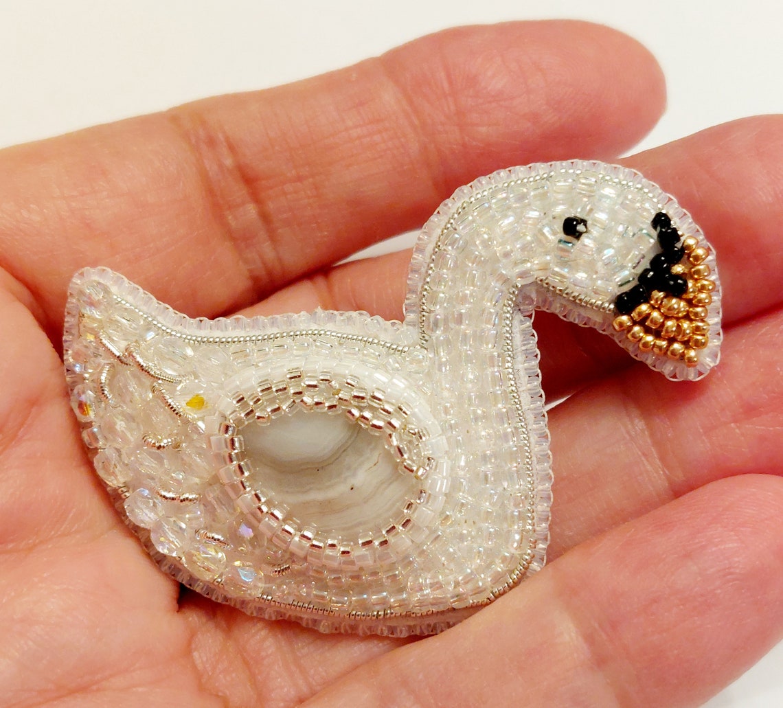 Brooch, Small White Swan Brooch , Bead Embroidered brooch, cute bird ...