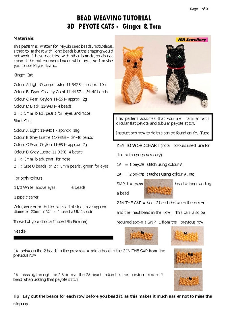 Bead Weaving Tutorial -3D Cat, Ginger and Tom, PDF Download to Make ...