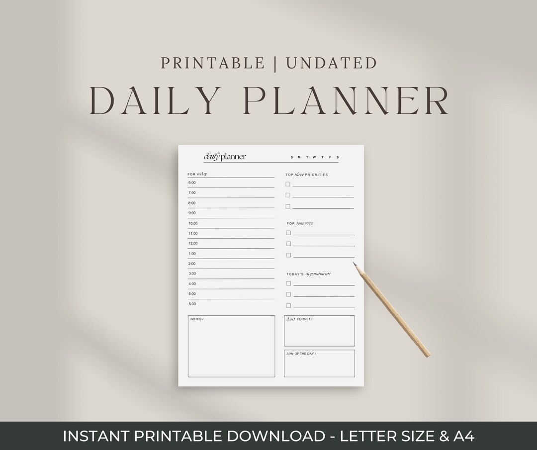 Printable Daily Planner 1-page Daily Planner Minimalist Daily Planner ...
