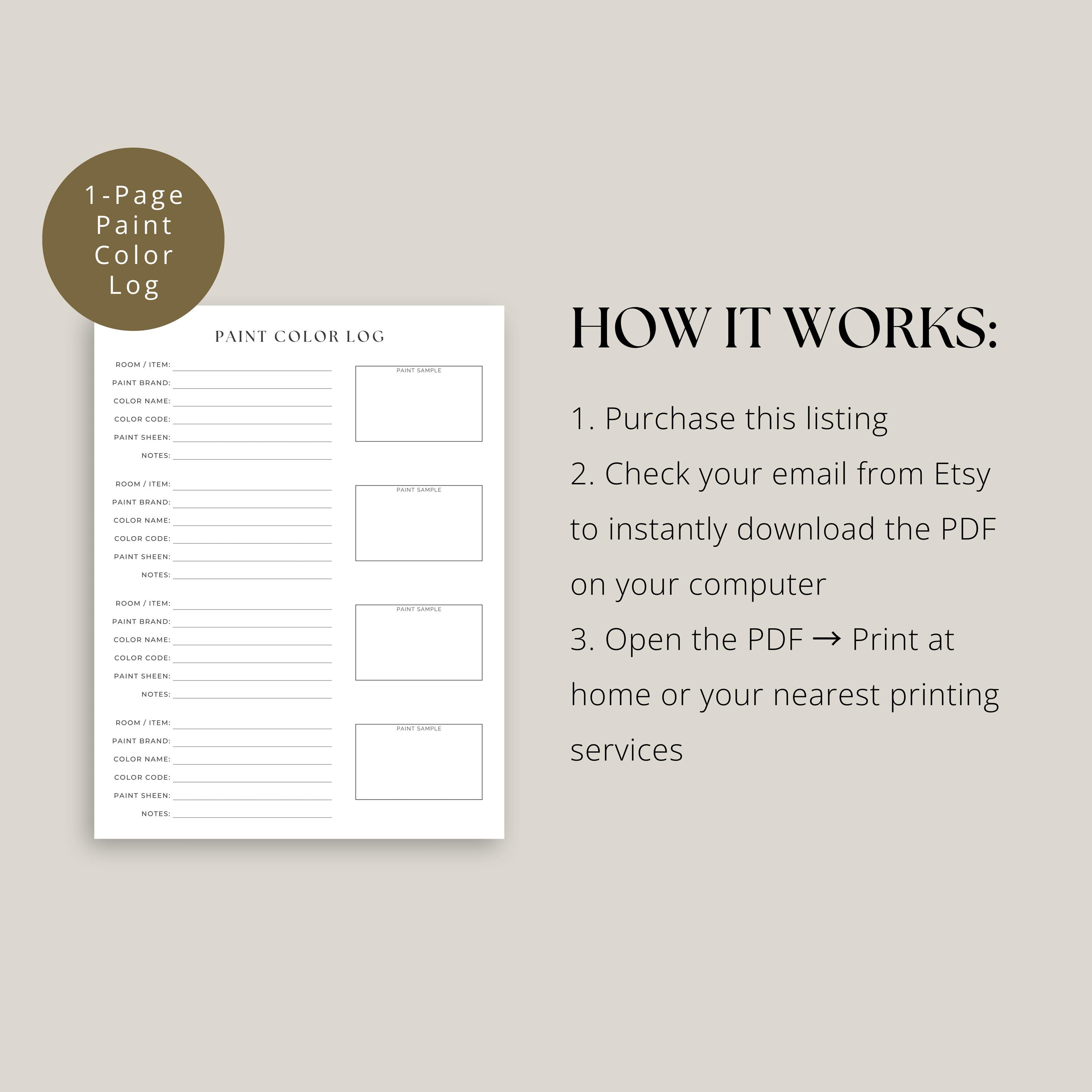 Paint Color Tracker Printable | Home Paint Color Organizer | Room Paint ...