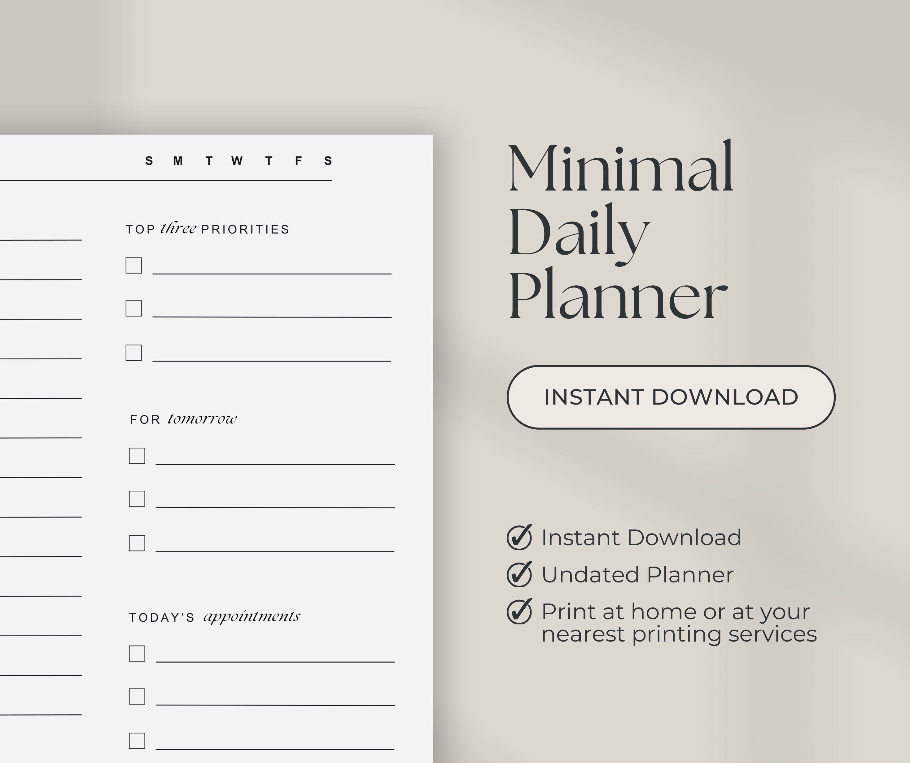 Printable Daily Planner 1-page Daily Planner Minimalist Daily Planner ...