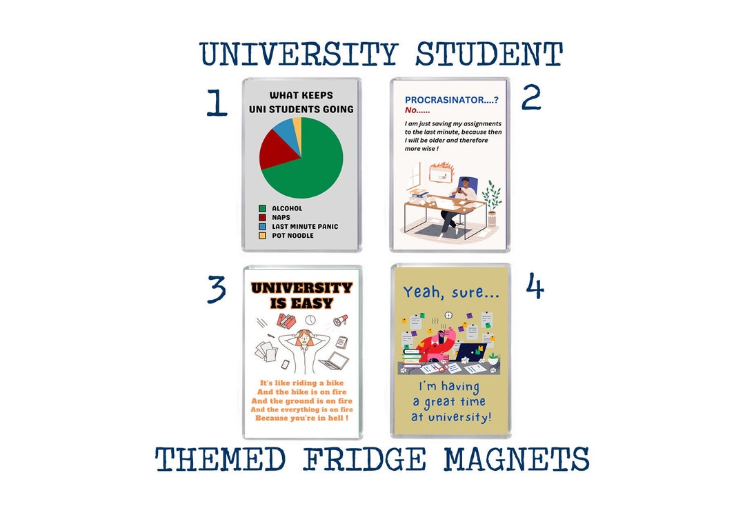 UNIVERSITY STUDENT LIFE Themed Fridge Magnets - Uni Student Jokes ...