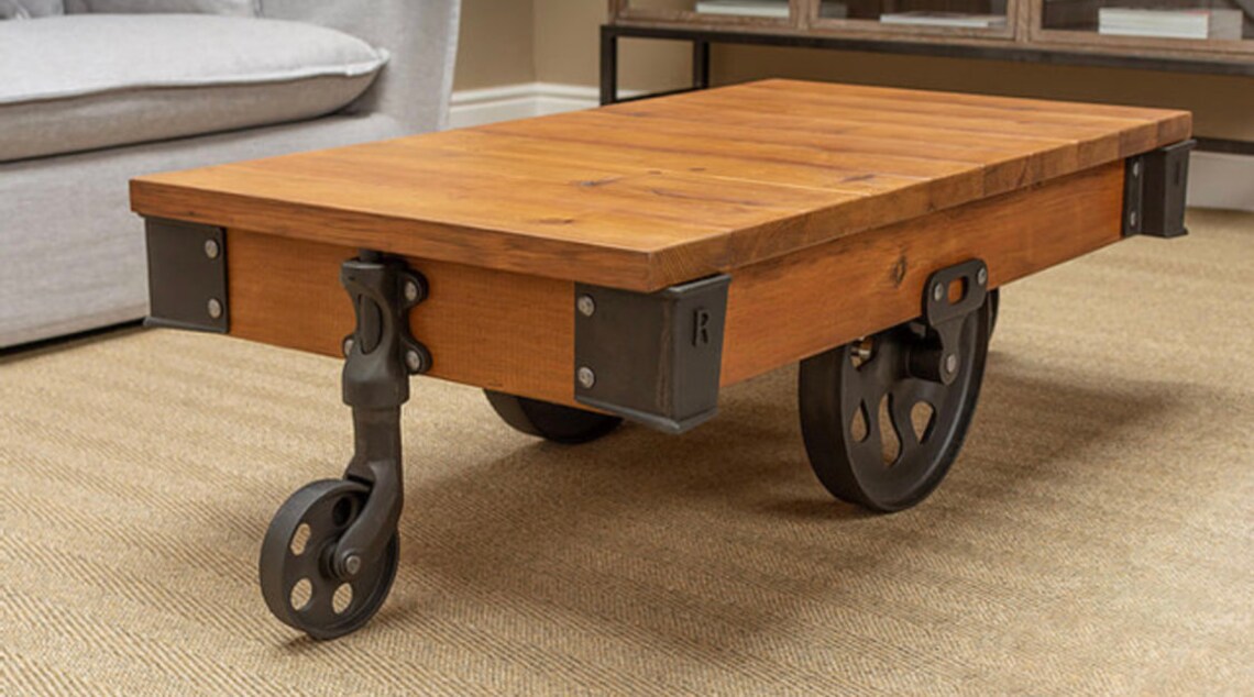CART COFFEE TABLE Rustic Wood Cast Metal Wheels Table Mid - Etsy