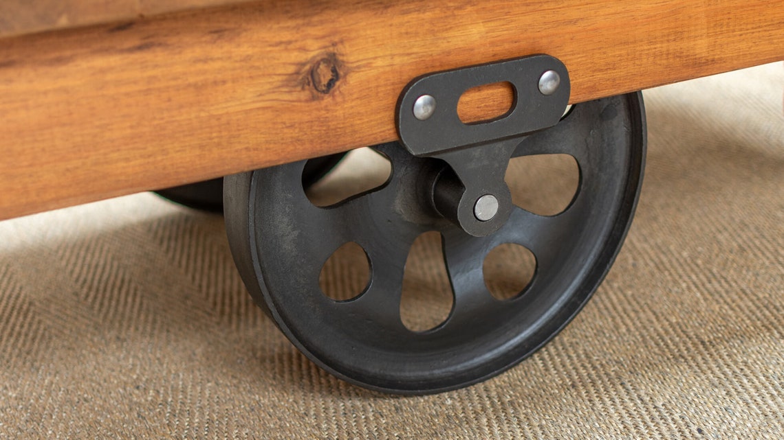 CART COFFEE TABLE, Rustic Wood Cast Metal Wheels Table, Mid Century ...