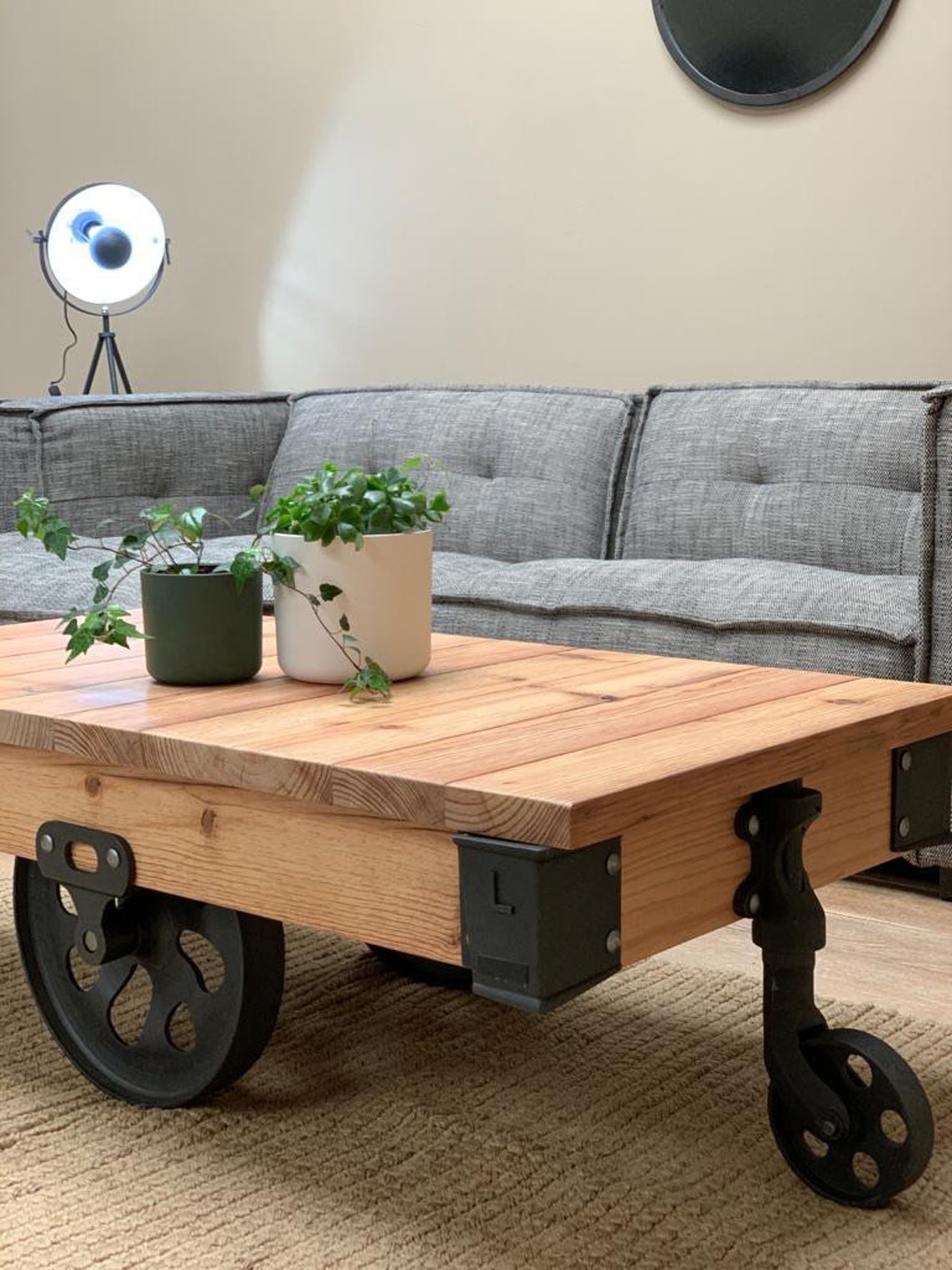 CART COFFEE TABLE, Rustic Wood Cast Metal Wheels Table, Mid Century ...