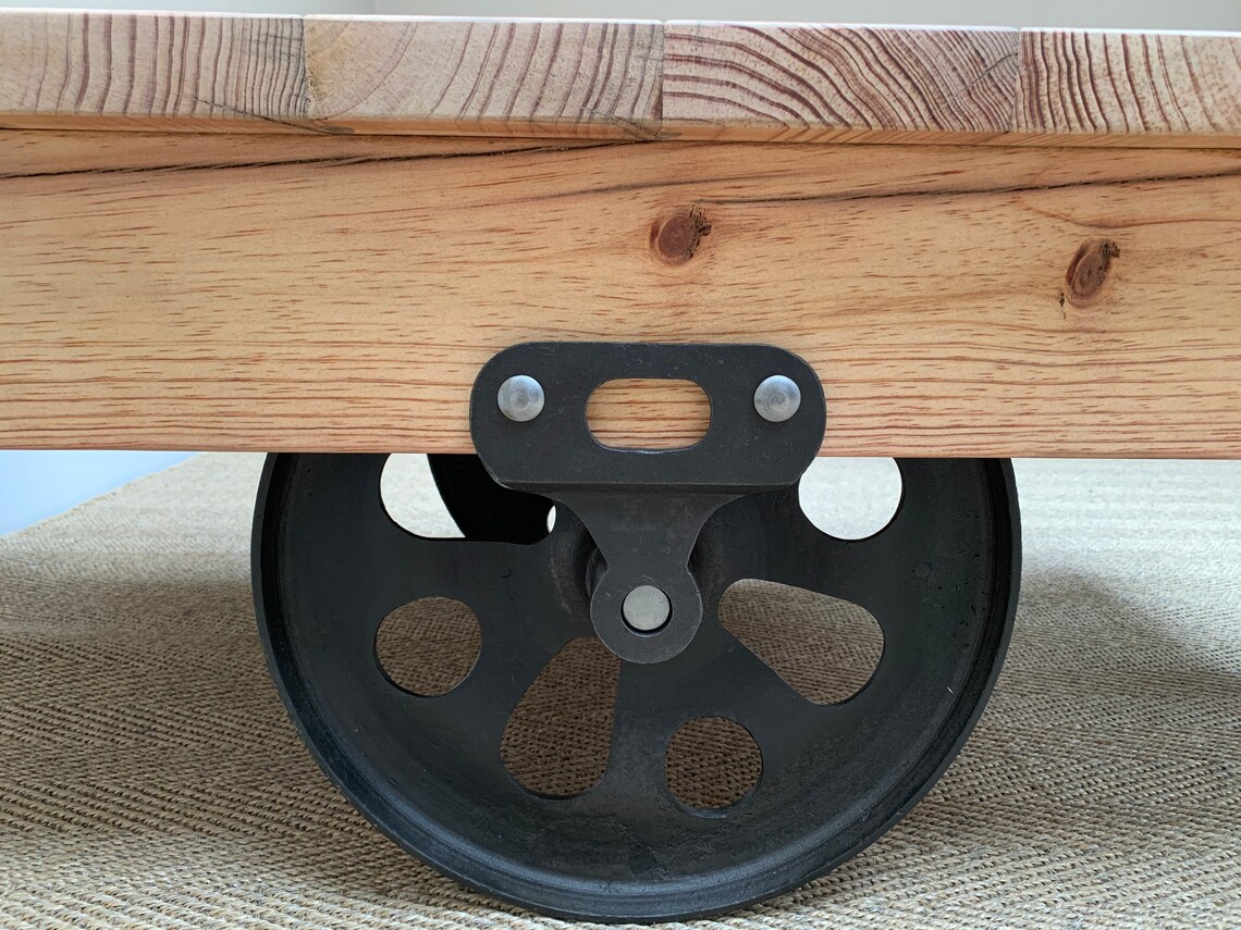 CART COFFEE TABLE Rustic Wood Cast Metal Wheels Table Mid - Etsy