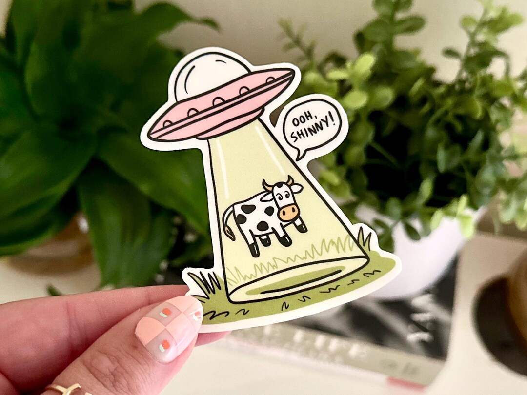 Ooh Shiny Cow UFO Waterproof Sticker, Mental Health Stickers, Handdrawn ...