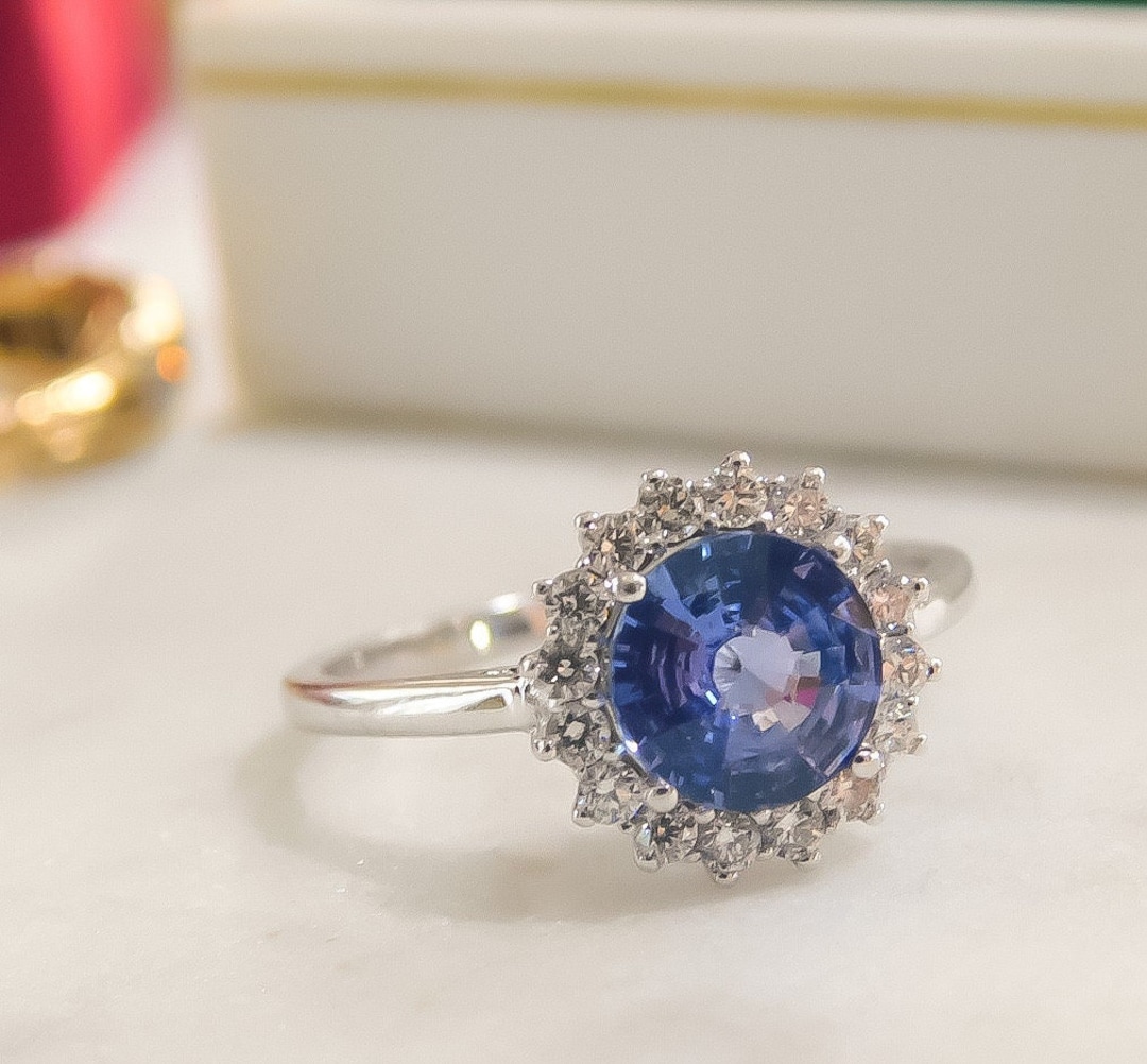 Cornflower Blue Ceylon Sapphire Ring With Natural Diamond Halo - Etsy