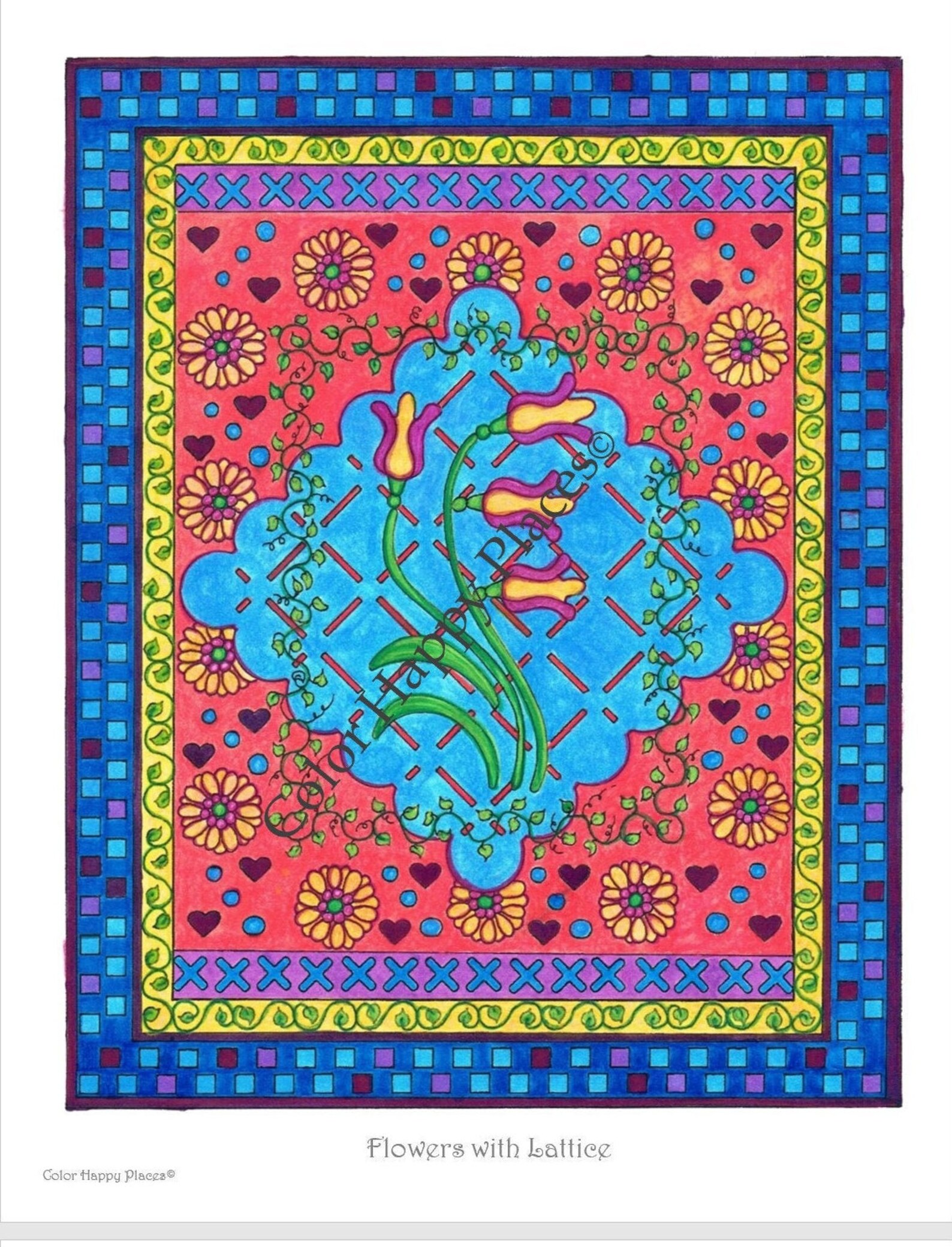 Flowers With Lattice Coloring Page Online or Print Adult Coloring Page ...