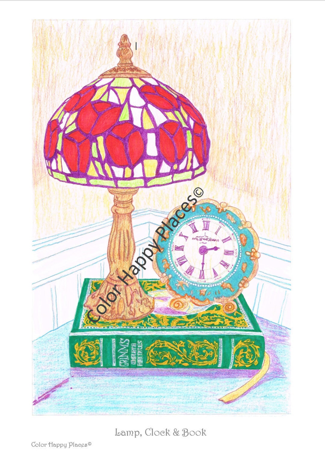 Lamp Clock & Book Coloring Page Online or Print Adult Coloring Page ...